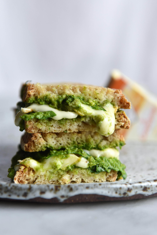 Gluten free sourdough toasties with pesto and fromager D'affinois Campagnier - George Eats